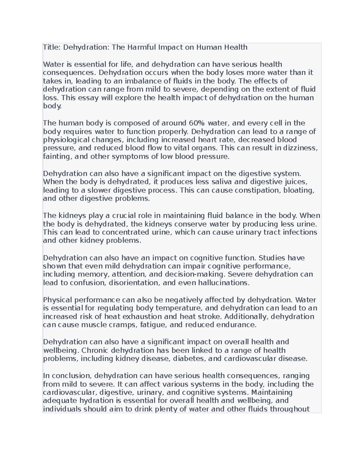 Dehydration - The Harmful Impact on Human Health - Title: Dehydration ...