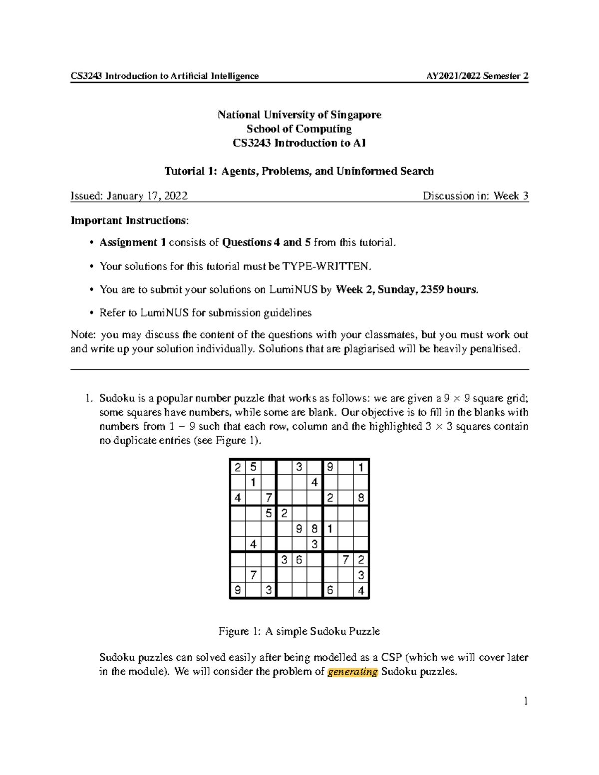 T01 (W3) Tutorial 1 - National University of Singapore School of Computing CS3243 Introduction ...
