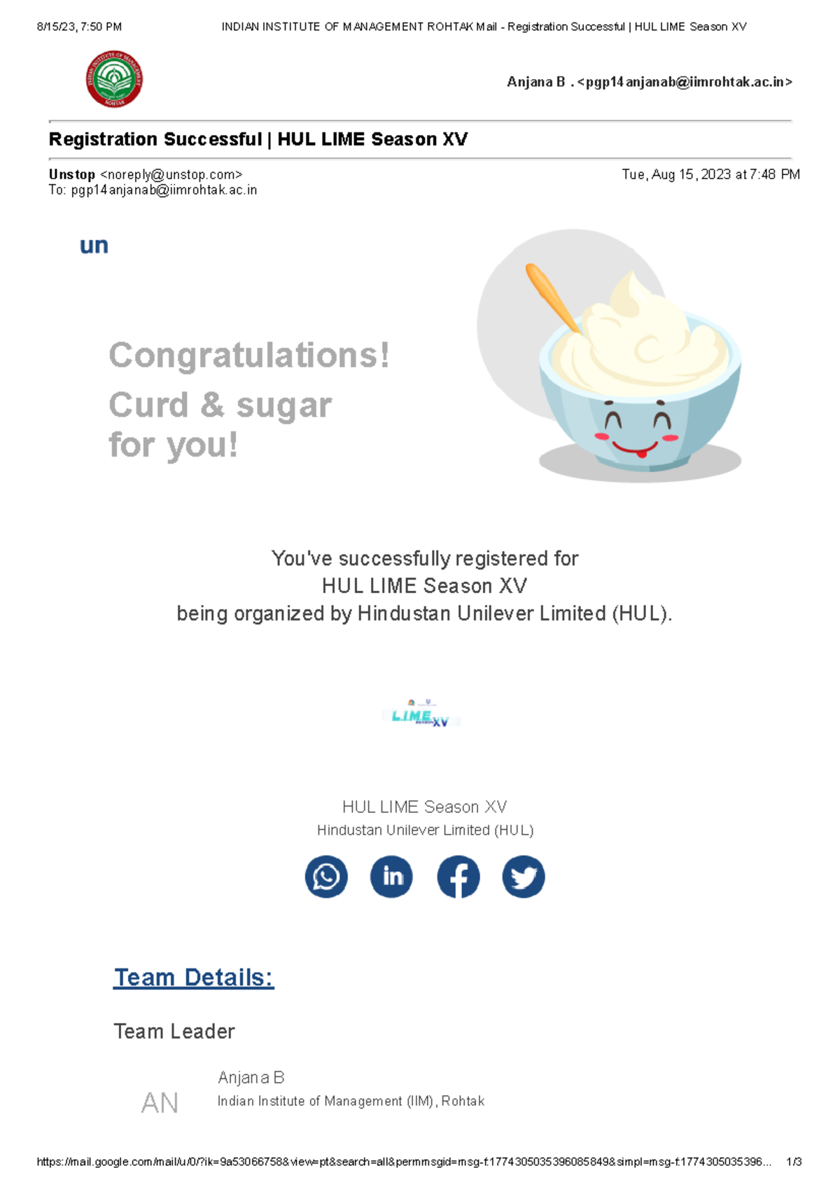 No Lucks Given Registration Successful HUL LIME Season XV - 8/15/23, 7:50 PM INDIAN INSTITUTE OF ...