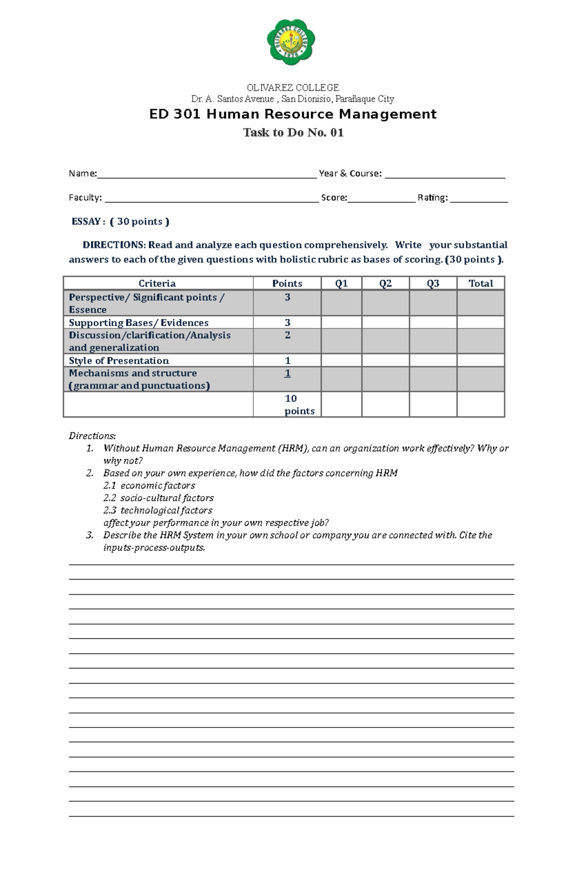 ED 301 Task to do no. 1 - Assessment of Learning 1 - OLIVAREZ COLLEGE ...