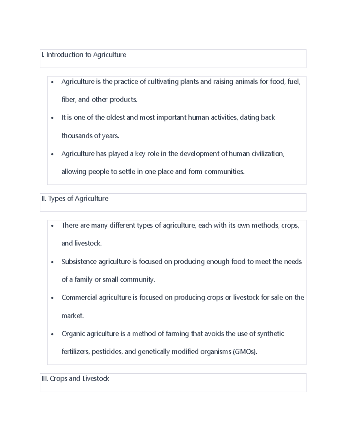 Farming notes 2 - I. Introduction to Agriculture • Agriculture is the ...