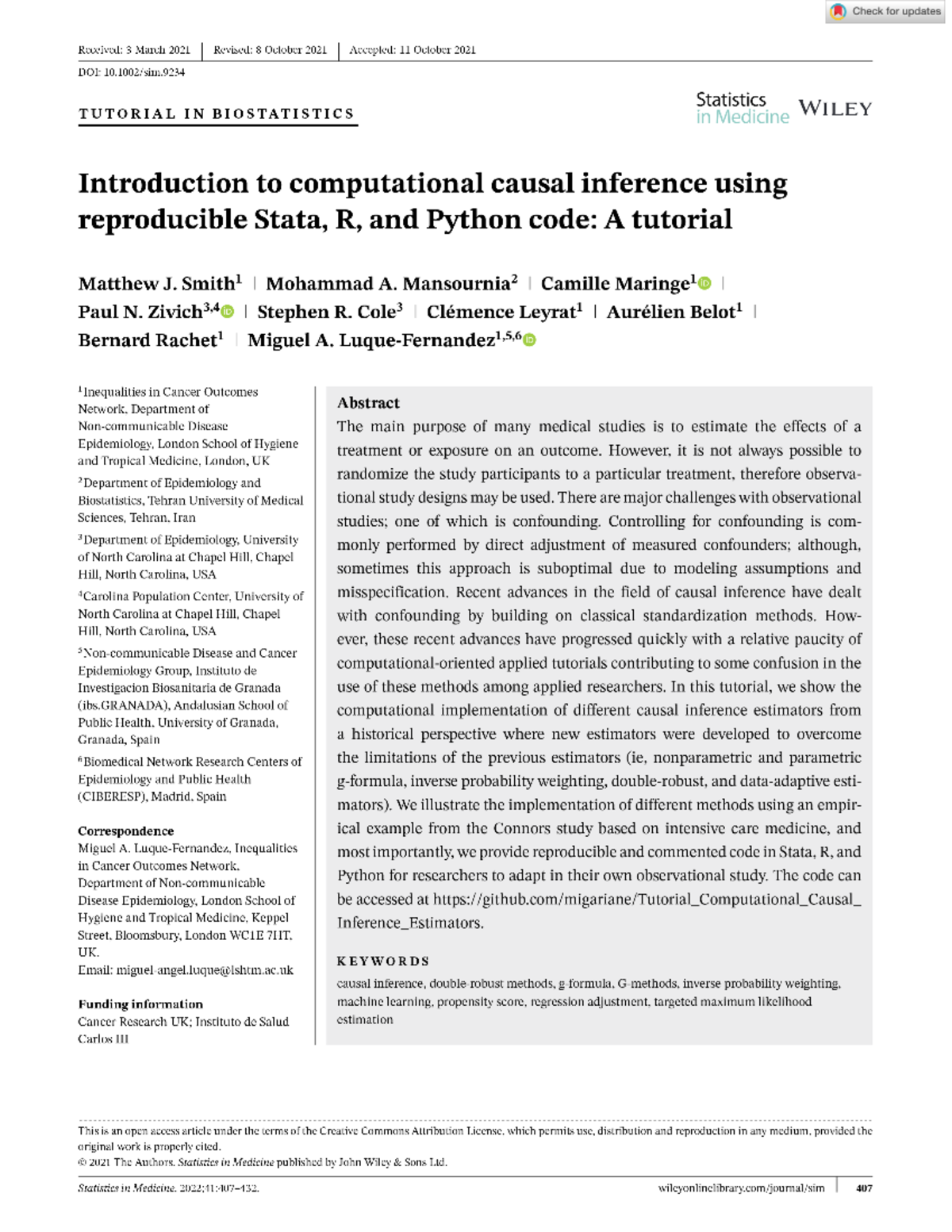 Introduction to computational causal inference using reproducible Stata, R, and Python code A ...