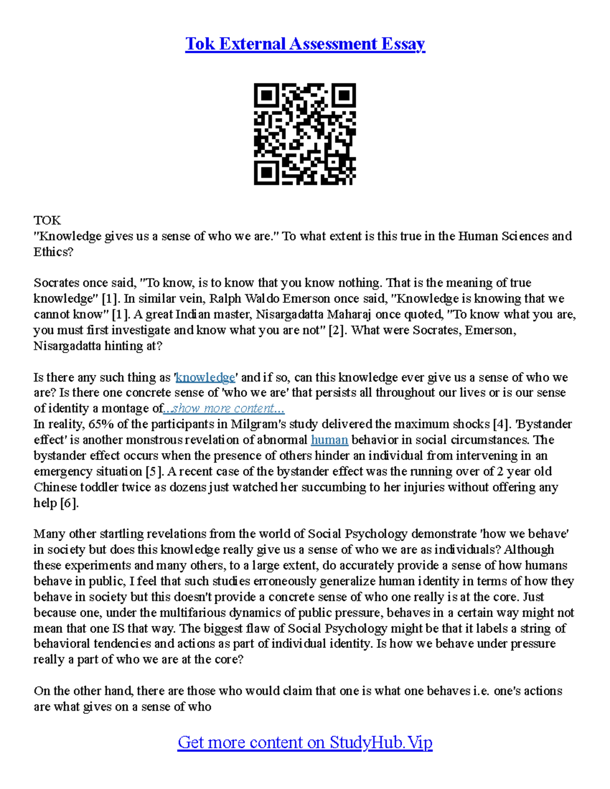 Example Tok Essays - Tok External Assessment Essay TOK "Knowledge gives ...