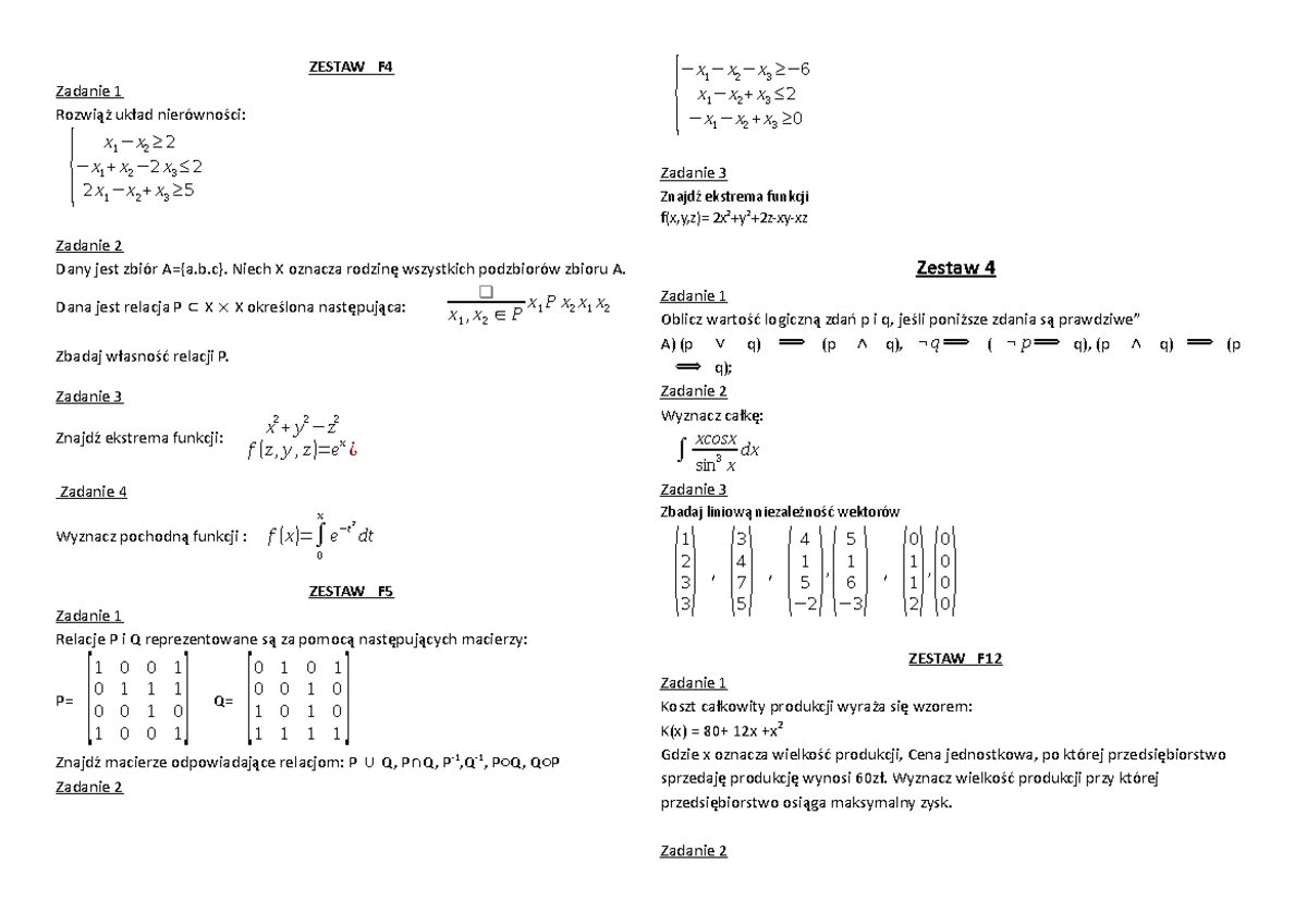 Strare zestawy - old exam - ZESTAW F Zadanie 1 Rozwiąż układ ...