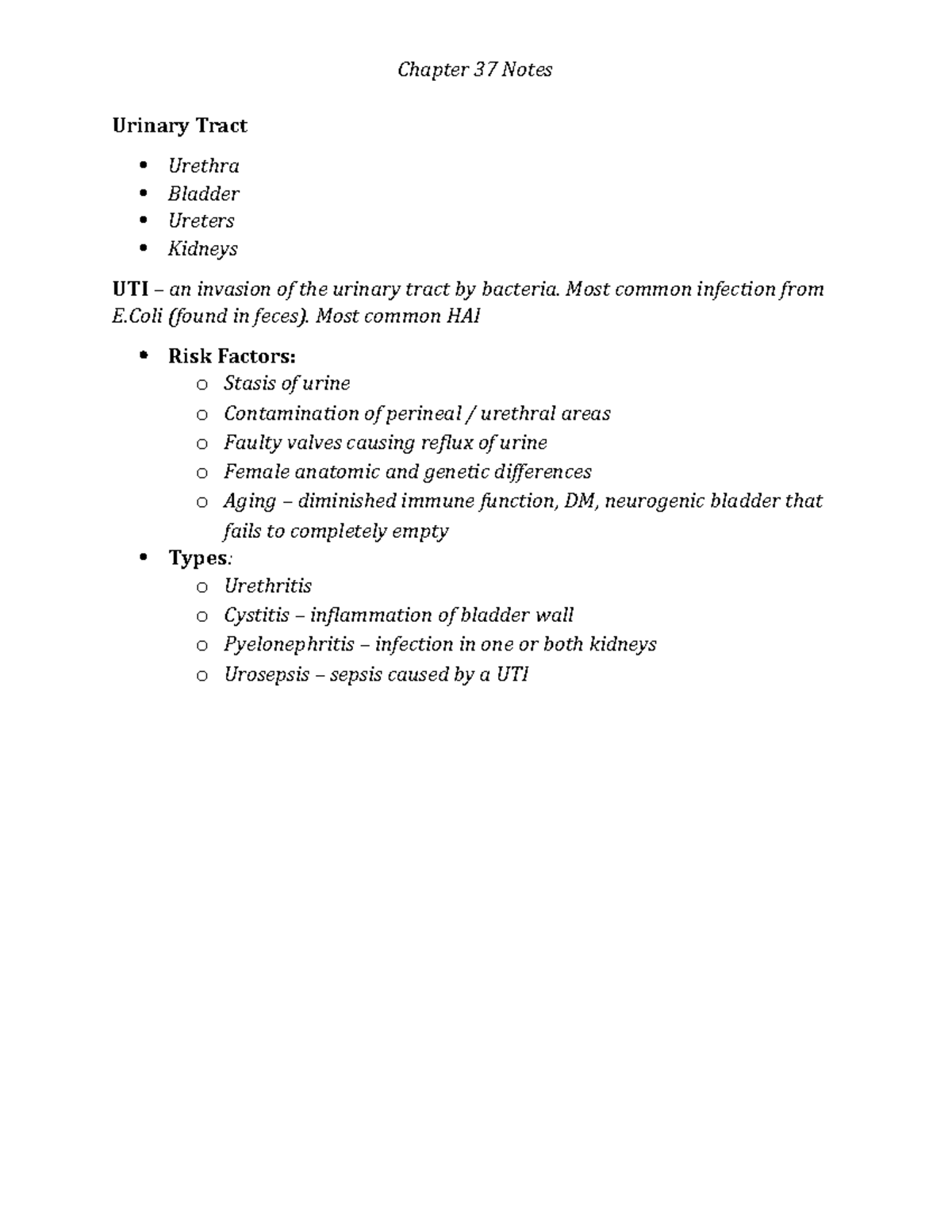 Ch 37 urinary Notes - Urinary Tract Urethra Bladder Ureters Kidneys UTI ...