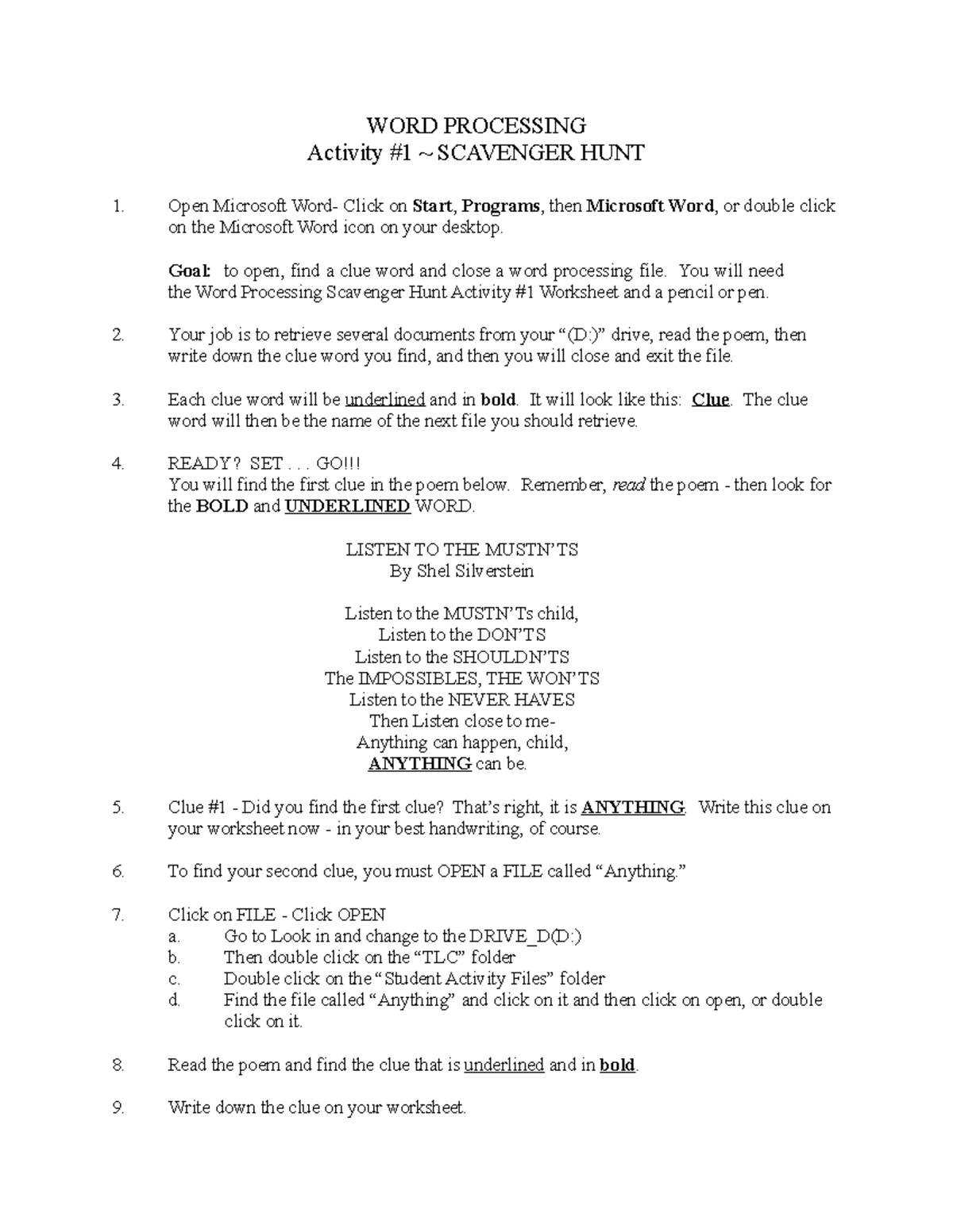 Word Processing Unit - WORD PROCESSING Activity #1 ~ SCAVENGER HUNT ...