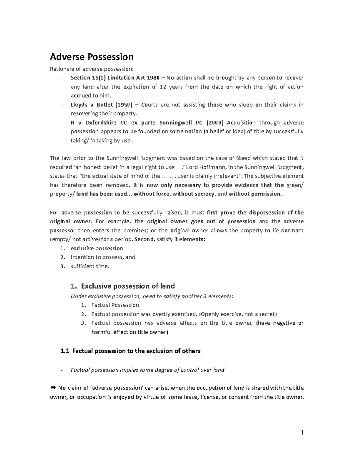 Adverse Possession note - Adverse Possession Rationale of adverse ...