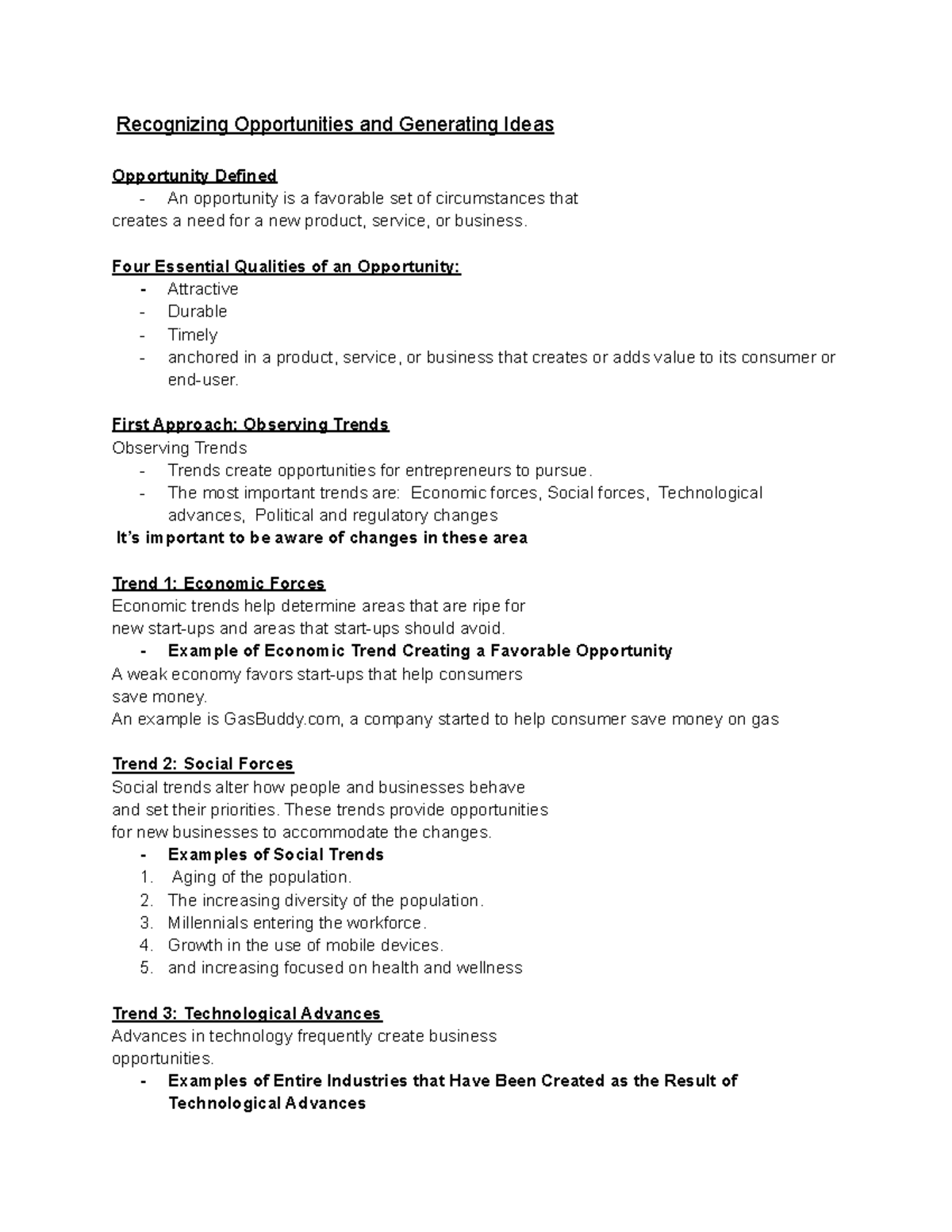 Entrepreneurship- Chapter 2 - Recognizing Opportunities and Generating ...