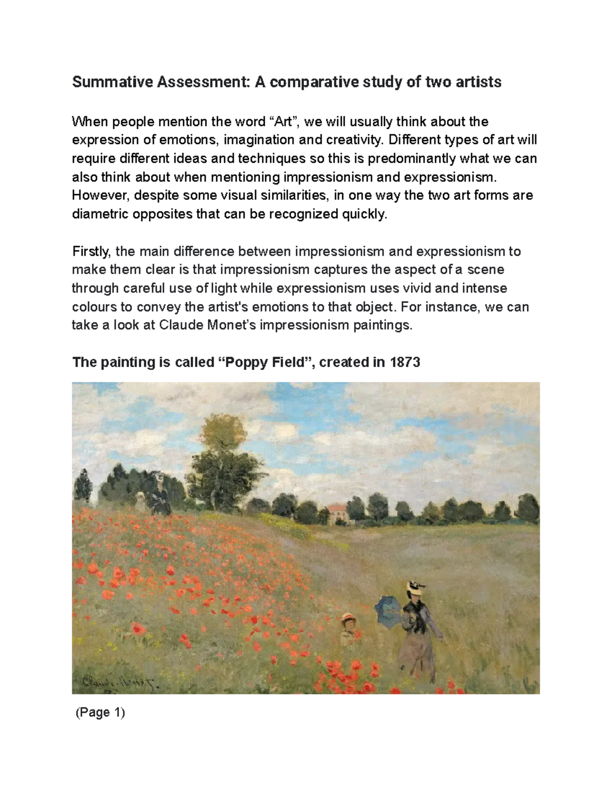 Art Summative Assessment - Summative Assessment: A comparative study of two artists When people ...