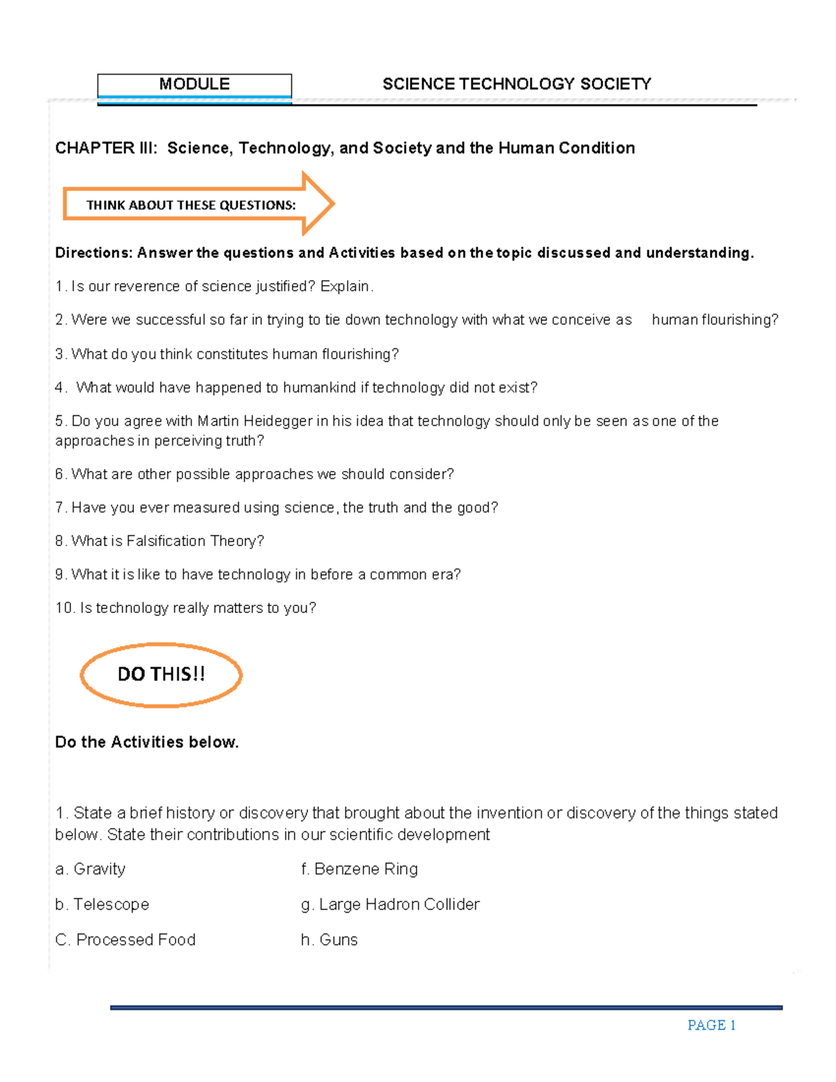 Chapter III Activities - MODULE SCIENCE TECHNOLOGY SOCIETY PAGE 1 ...
