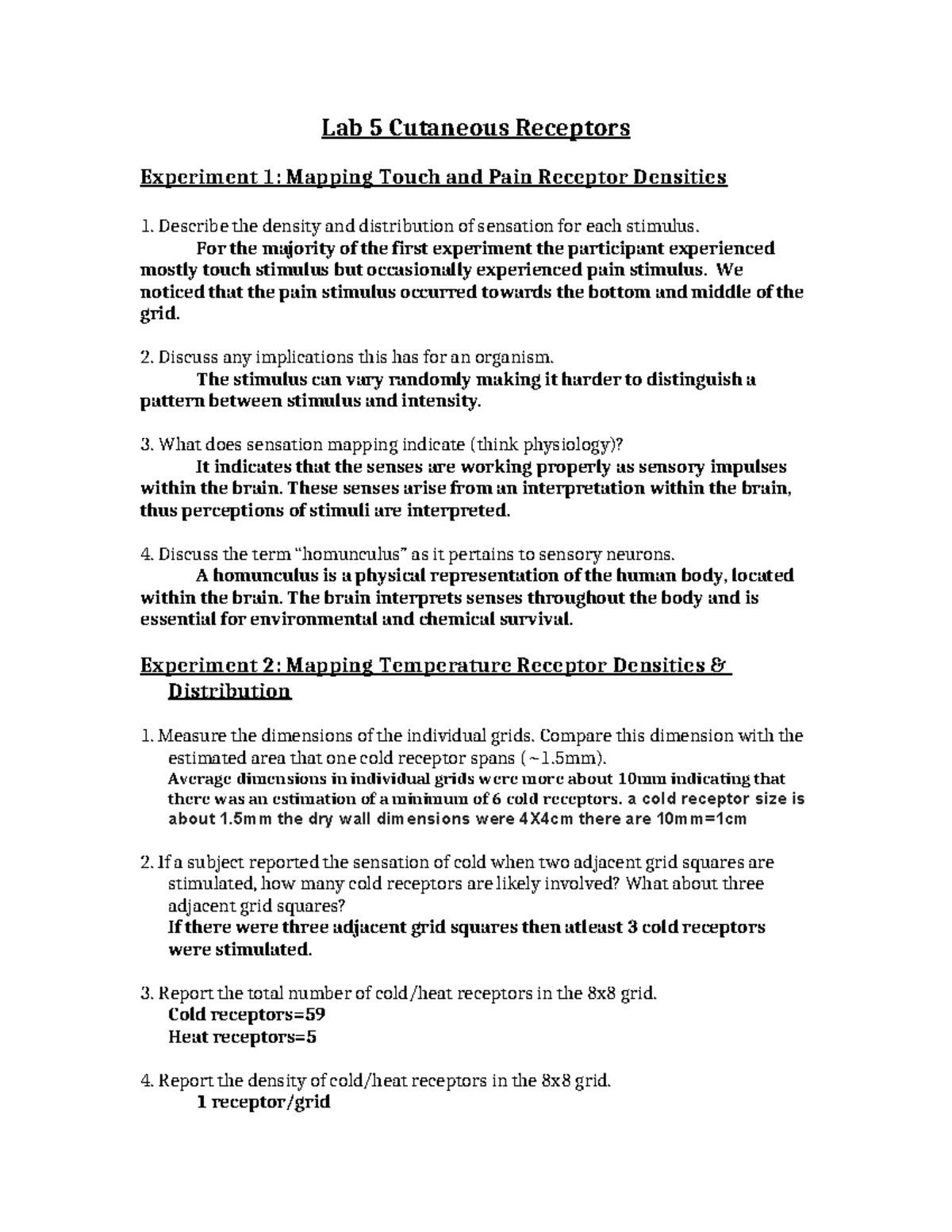 Lab 5 Cutaneous Receptors - Lab 5 Cutaneous Receptors Experiment 1 ...