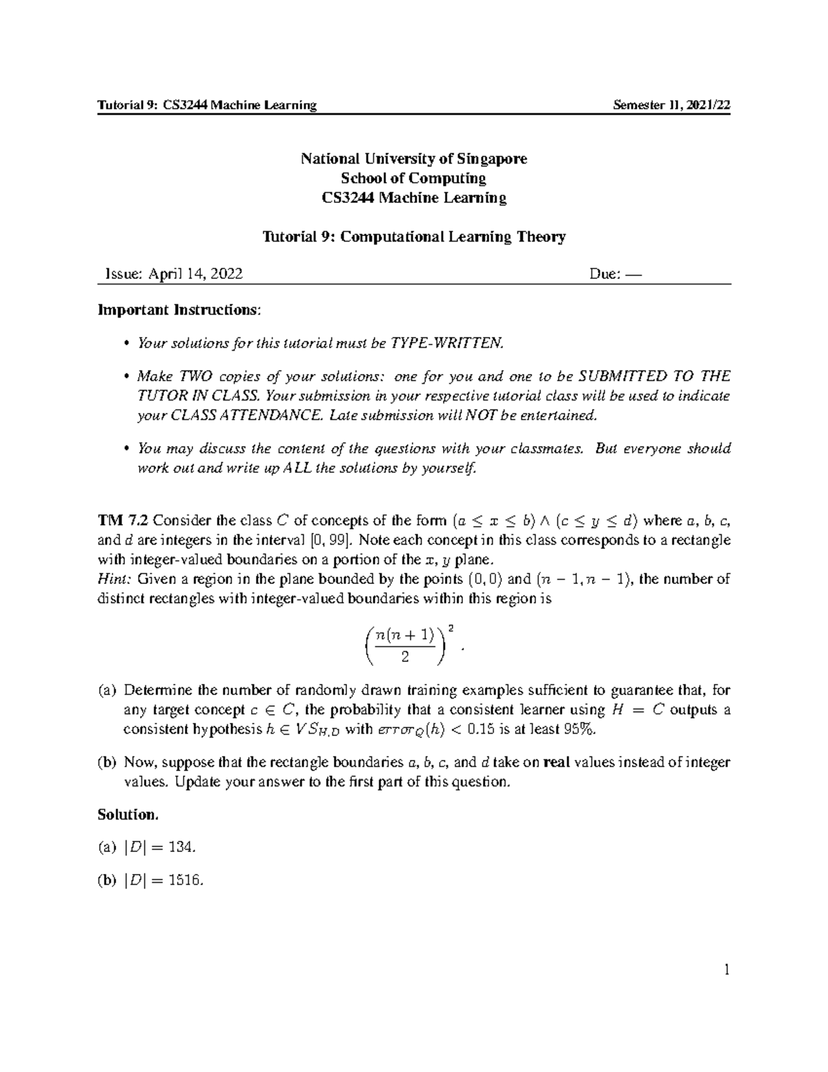 Tutorial 9-solutions - Tutorial 9: CS3244 Machine Learning Semester II ...