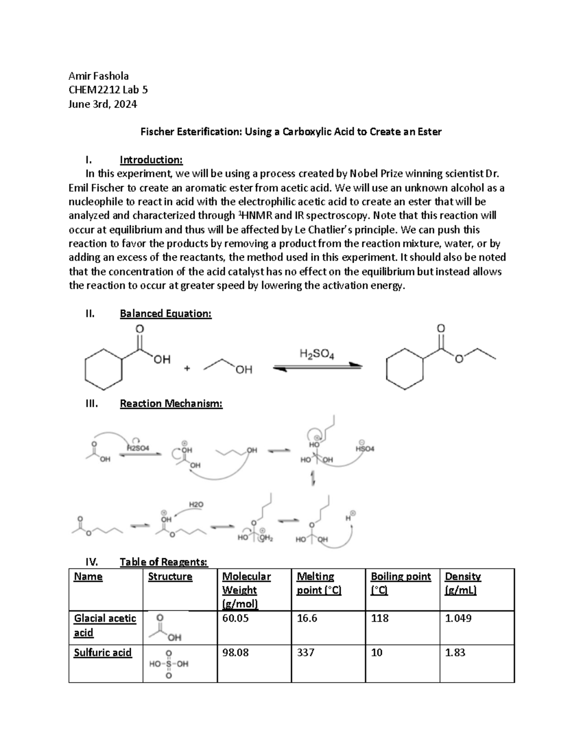 Lab 5; Fischer Esterification; Using a Carboxylic Acid to Create an ...