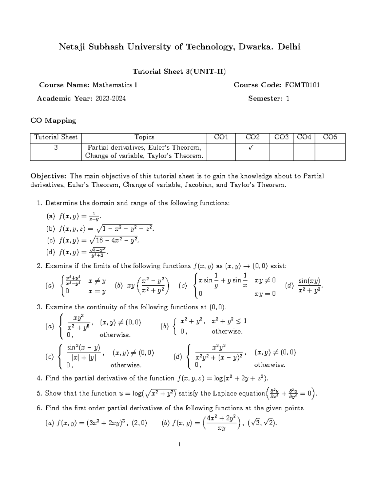 Tutorial Sheet 3 Netaji Subhash University Of Technology Dwarka