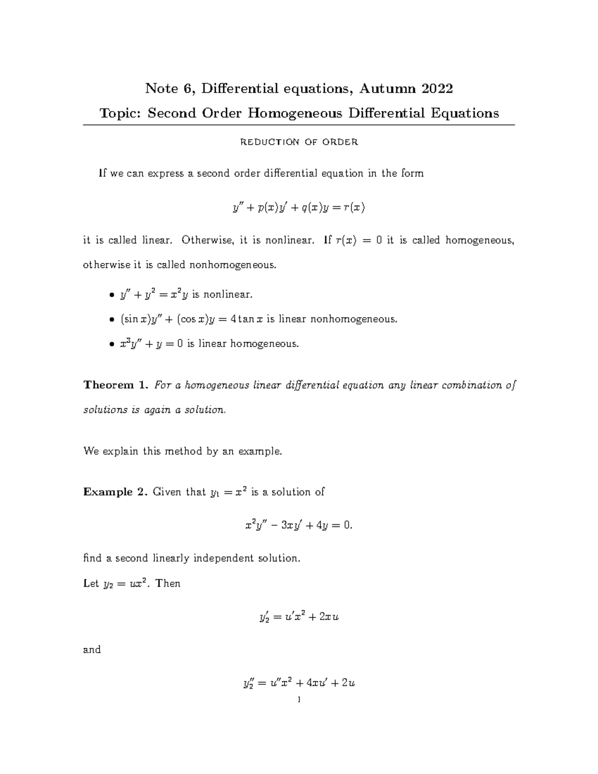 Notepc 6 - Second Order Homogeneous Differential Equations, assignment with solutions - Note 6 ...