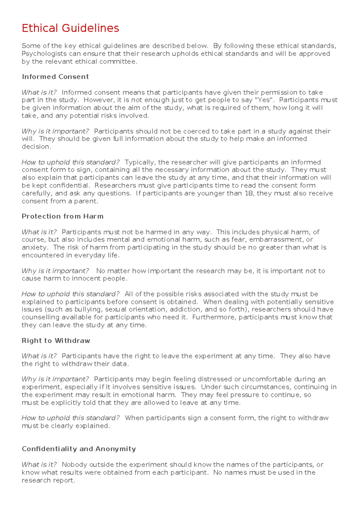 Ethical Guidelines - Ethical Guidelines Some of the key ethical ...