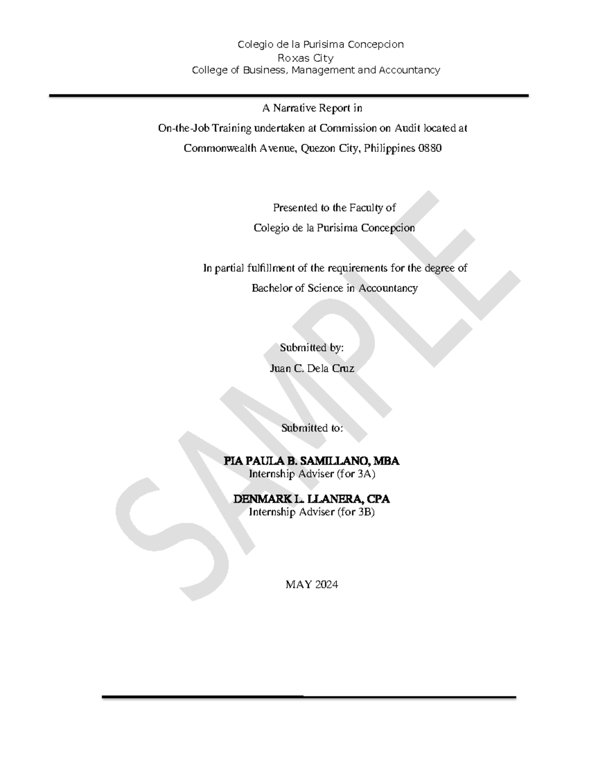 Internship Narrative Report Format BSA May 2024 - Roxas City College of ...