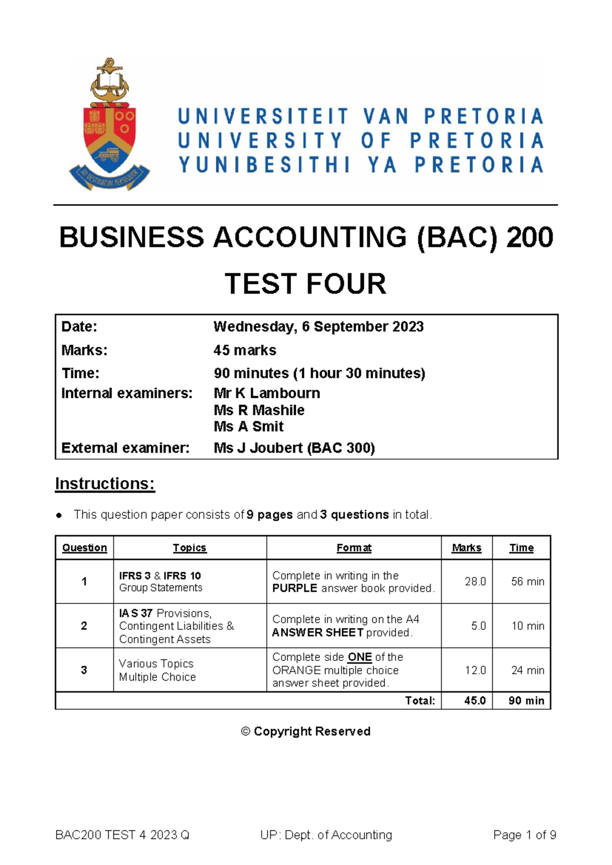 1 BAC200 2023 Test 4 Question - BUSINESS ACCOUNTING (BAC) 200 TEST FOUR ...
