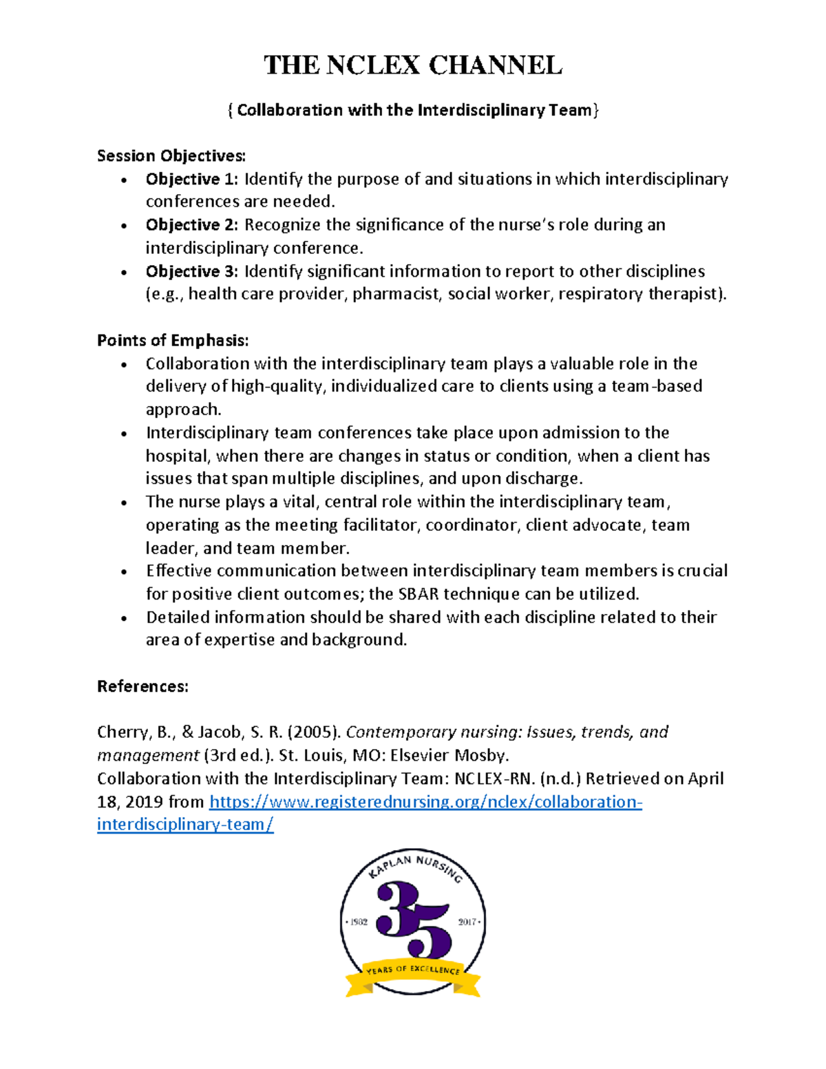 Handout - Collaboration with the Interdisciplinary Team - THE NCLEX ...