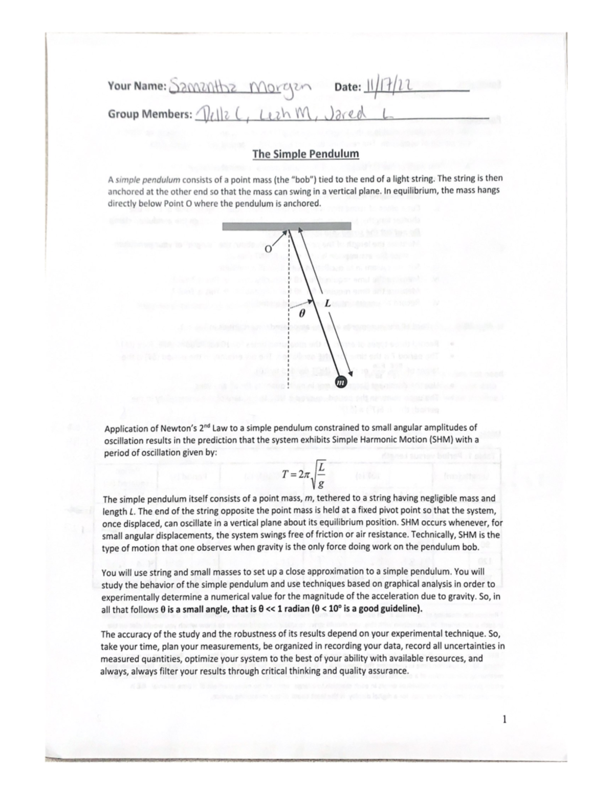 Week 13 pendulum lab WITH Bonus - 1017 211 - Studocu