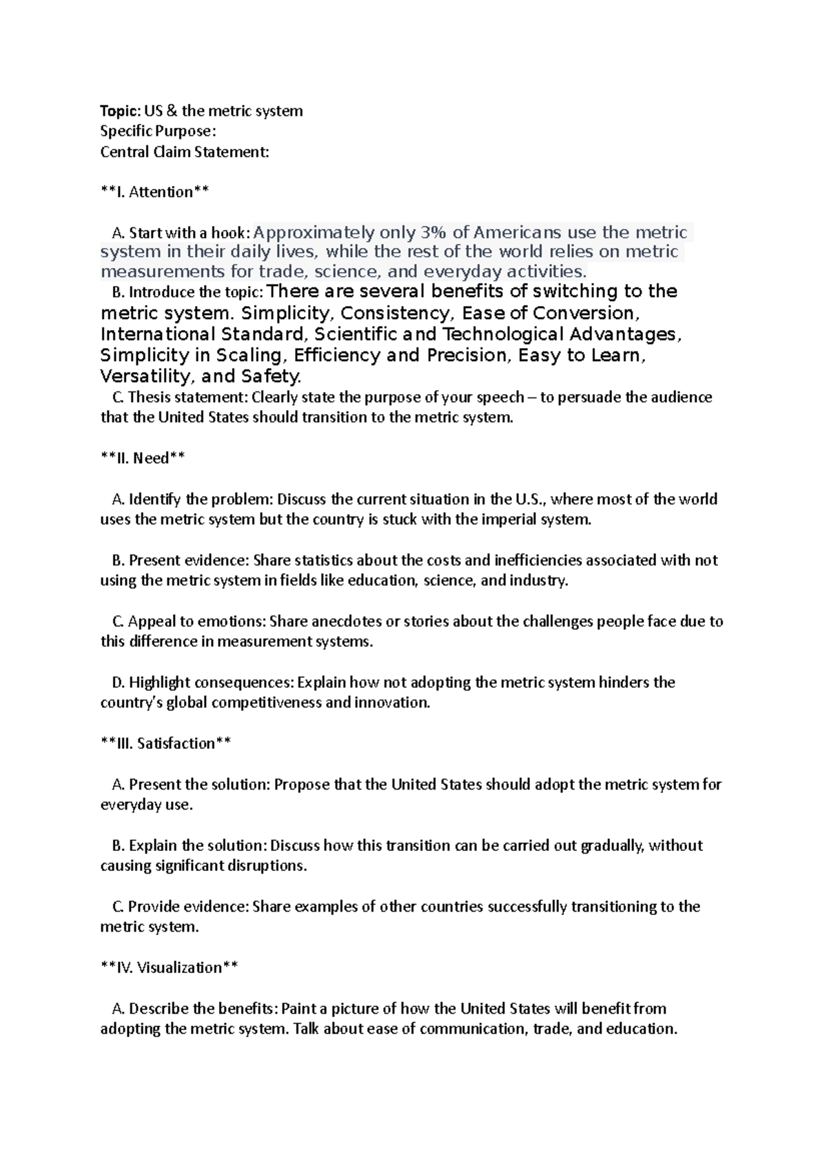 Speech persuasive - Topic: US & the metric system Specific Purpose ...
