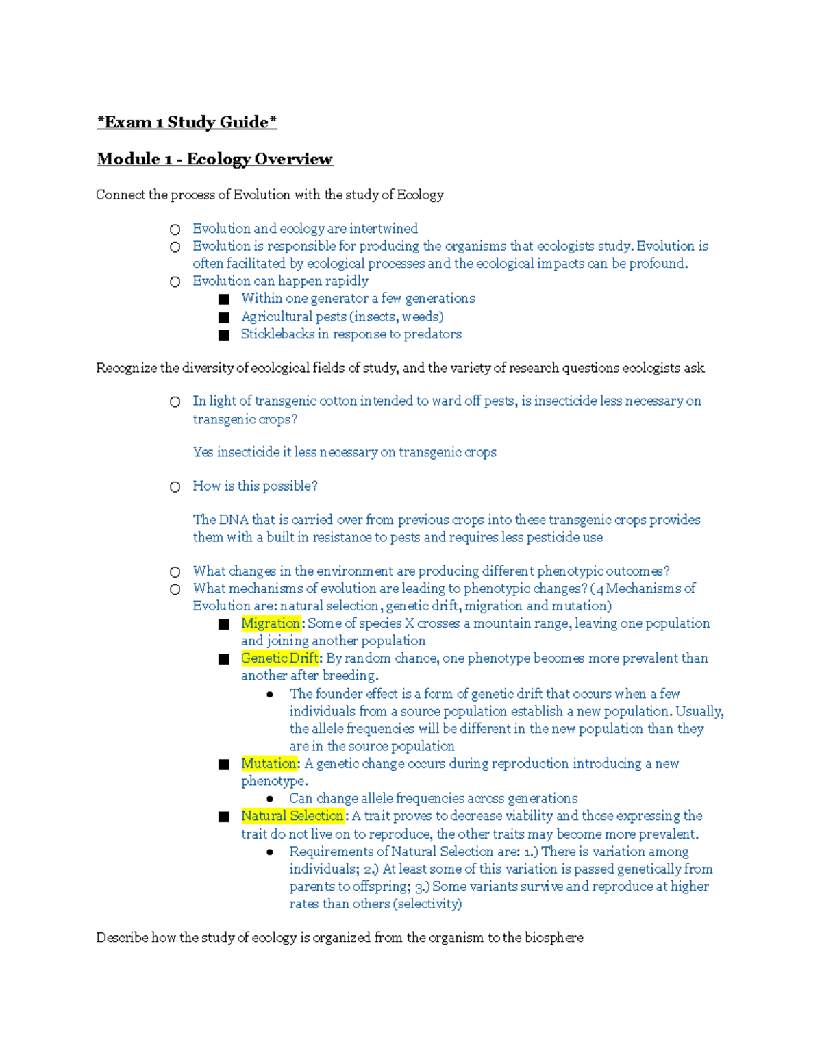 Exam 1 Study Guide - Exam 1 Study Guide Module 1 - Ecology Overview ...