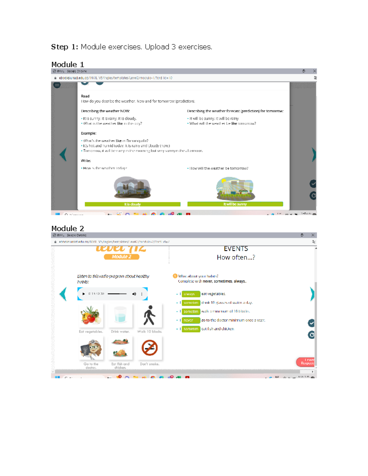 Step 3 - nada - Step 1: Module exercises. Upload 3 exercises. Module 1 ...
