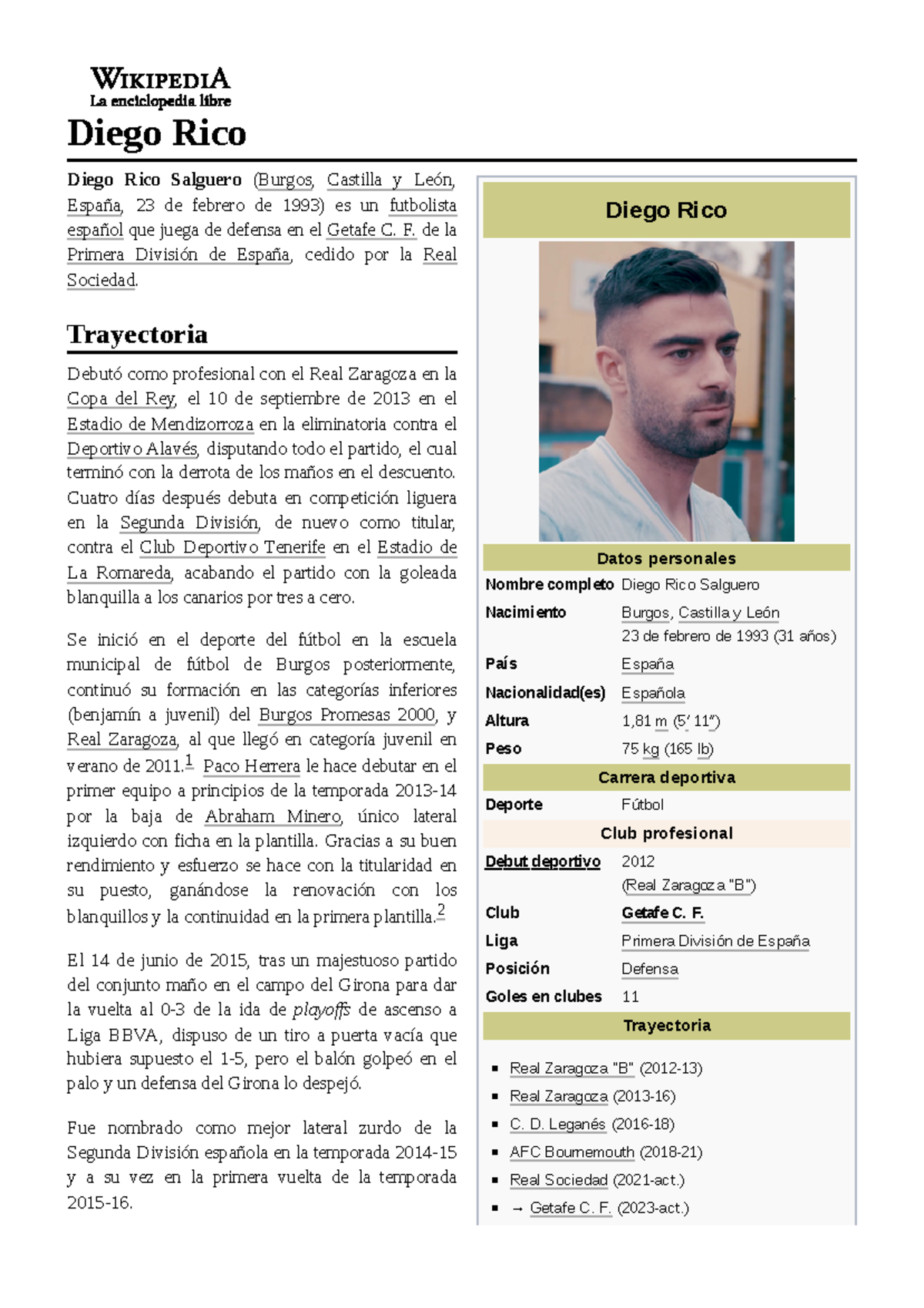 Diego Rico - F. Liga Primera División de España Posición Defensa Goles ...