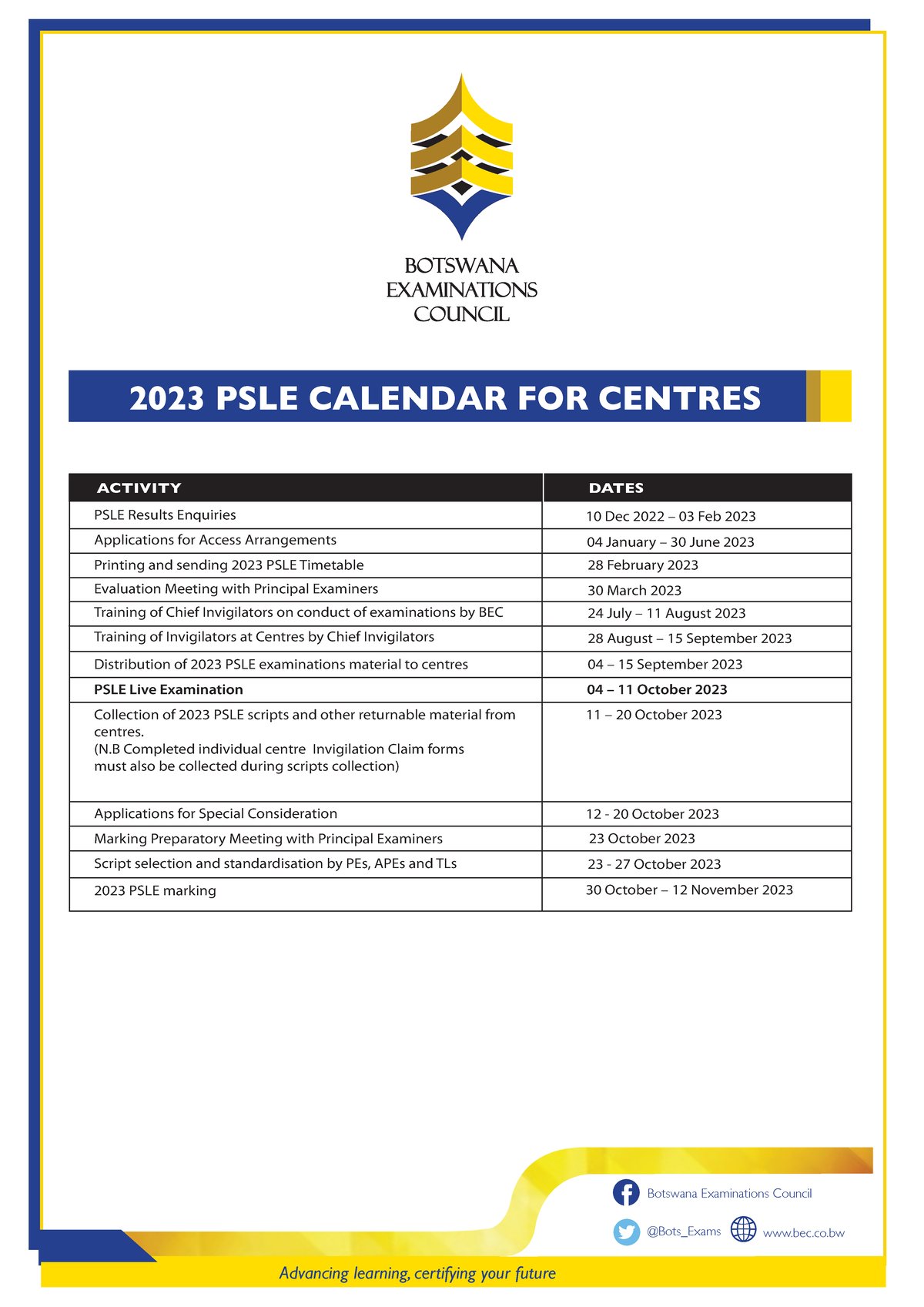 2023 2023 PSLE Calendar FOR Centres 1 - Advancing learning, certifying ...