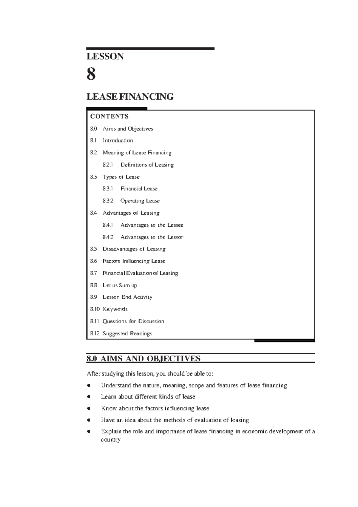 Lesson 08 - 8th - LESSON 8 LEASE FINANCING CONTENTS 8 Aims and ...