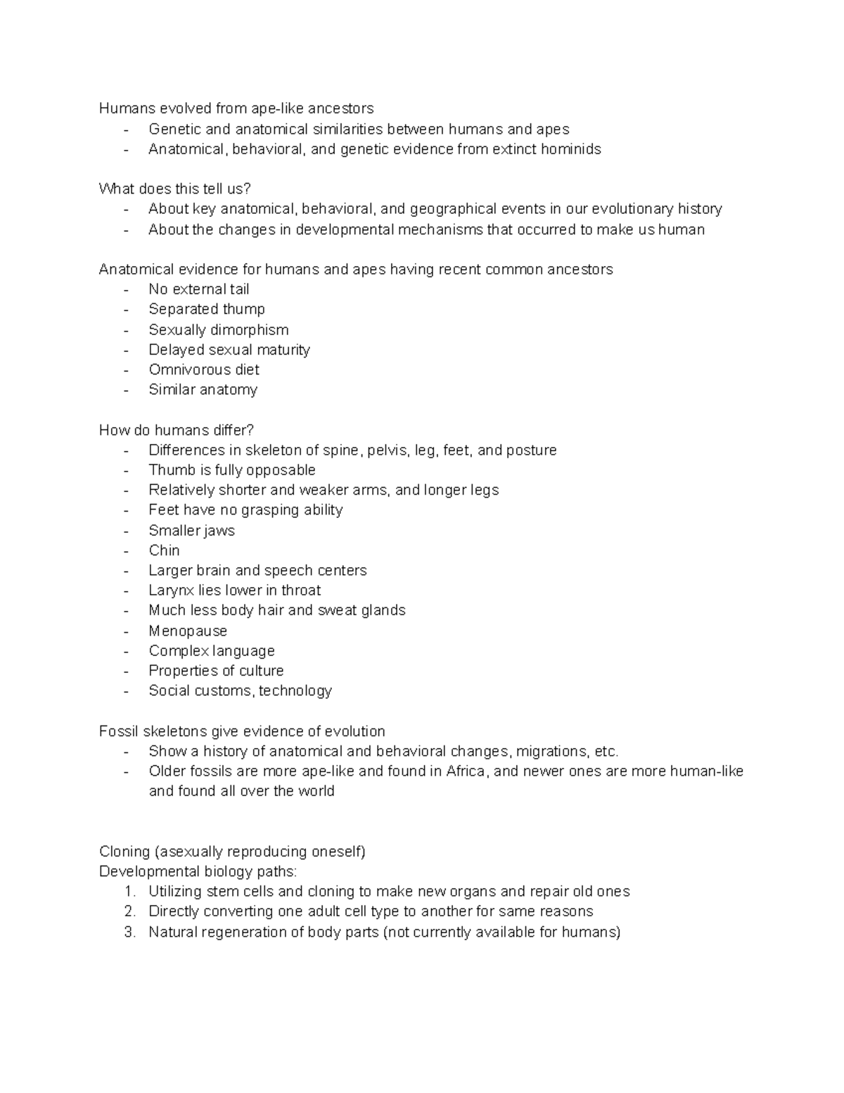 BIO 451 midterm - Humans evolved from ape-like ancestors - Genetic and ...
