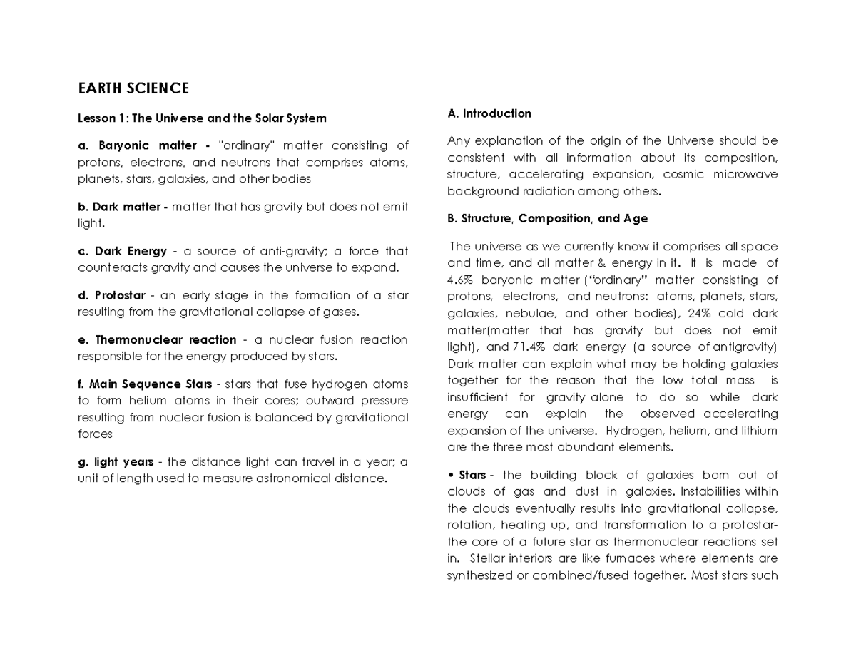 Earth Science - This document discusses the universe, the solar system ...