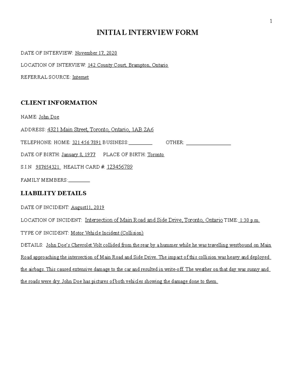 Mock client interview - INITIAL INTERVIEW FORM DATE OF INTERVIEW ...