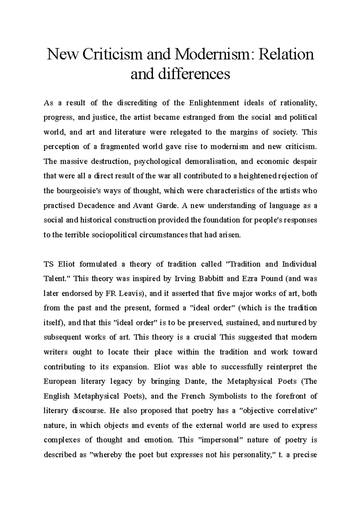 New Criticism and Modernism Relation and differences - This perception ...