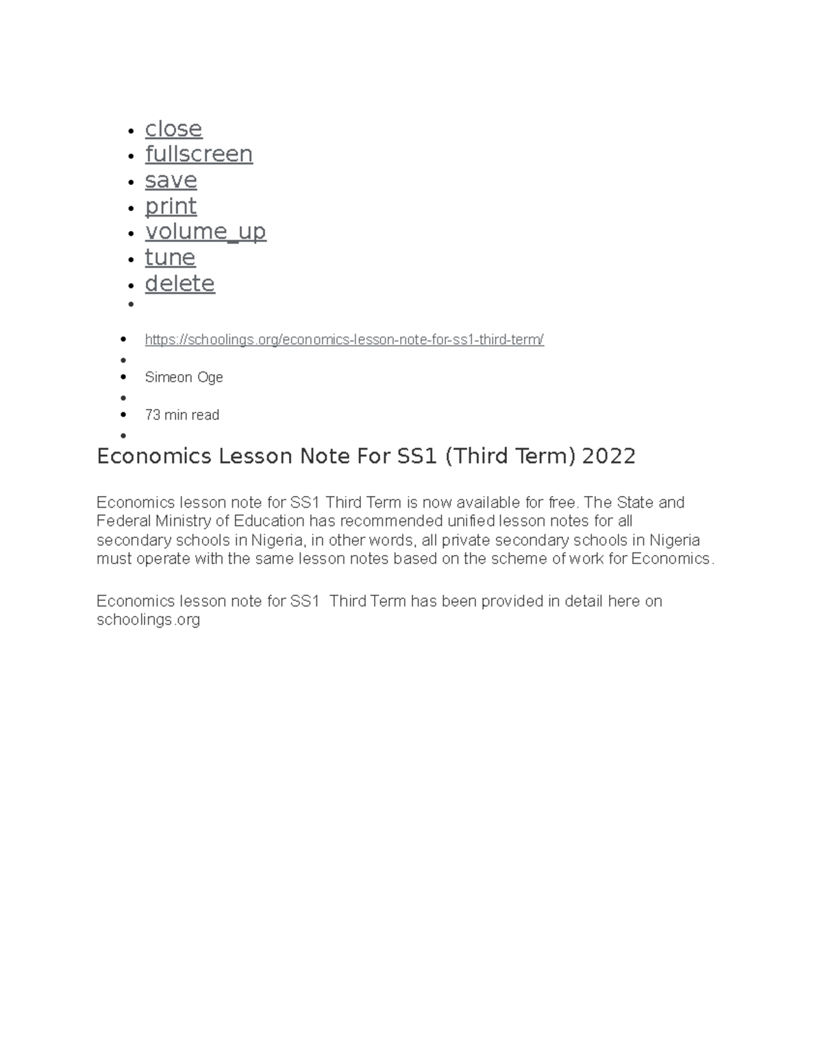Economics Lesson Note For SS1 (Third Term) 2022 - close fullscreen save ...