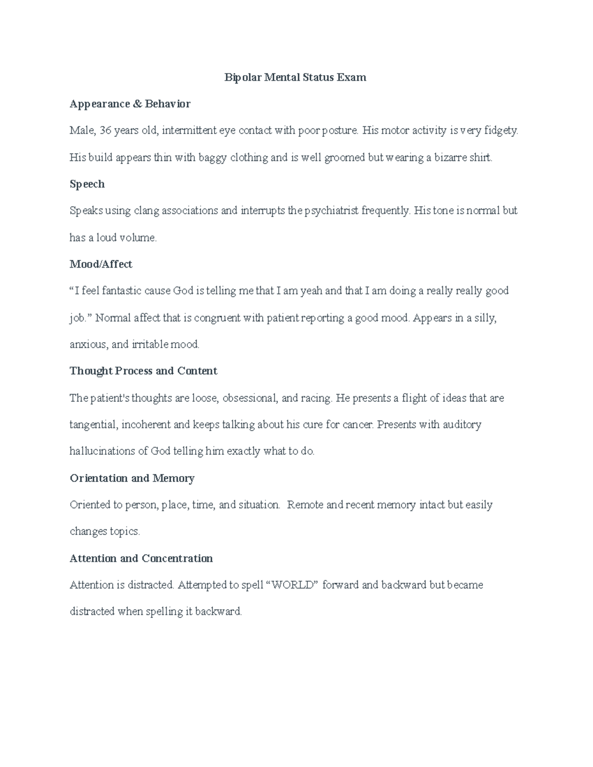 Bipolar MSE copy - Homework help - Bipolar Mental Status Exam ...