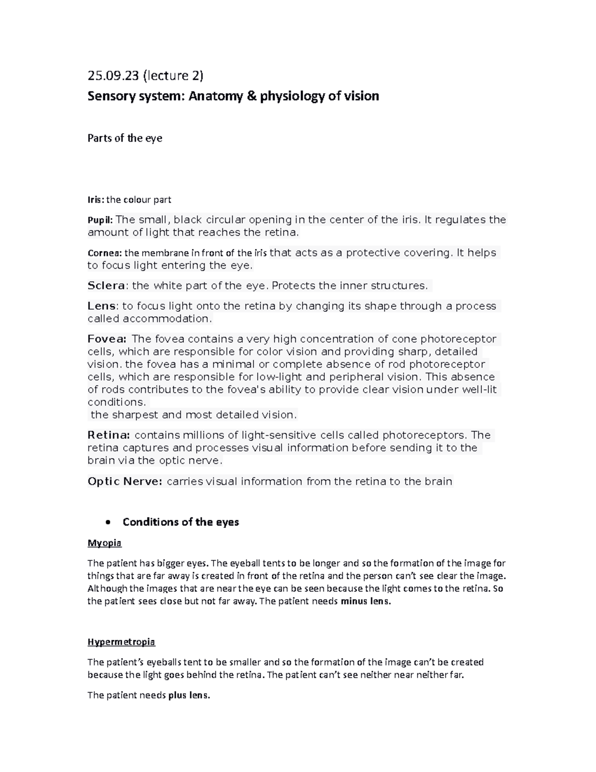 Brain and behavior notes - 25.09 (lecture 2) Sensory system: Anatomy ...