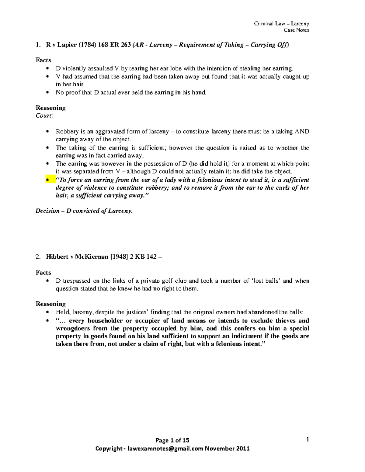 Criminal Law - Case Notes - Larceny - 15 Pages - Case Notes Page 1 of ...