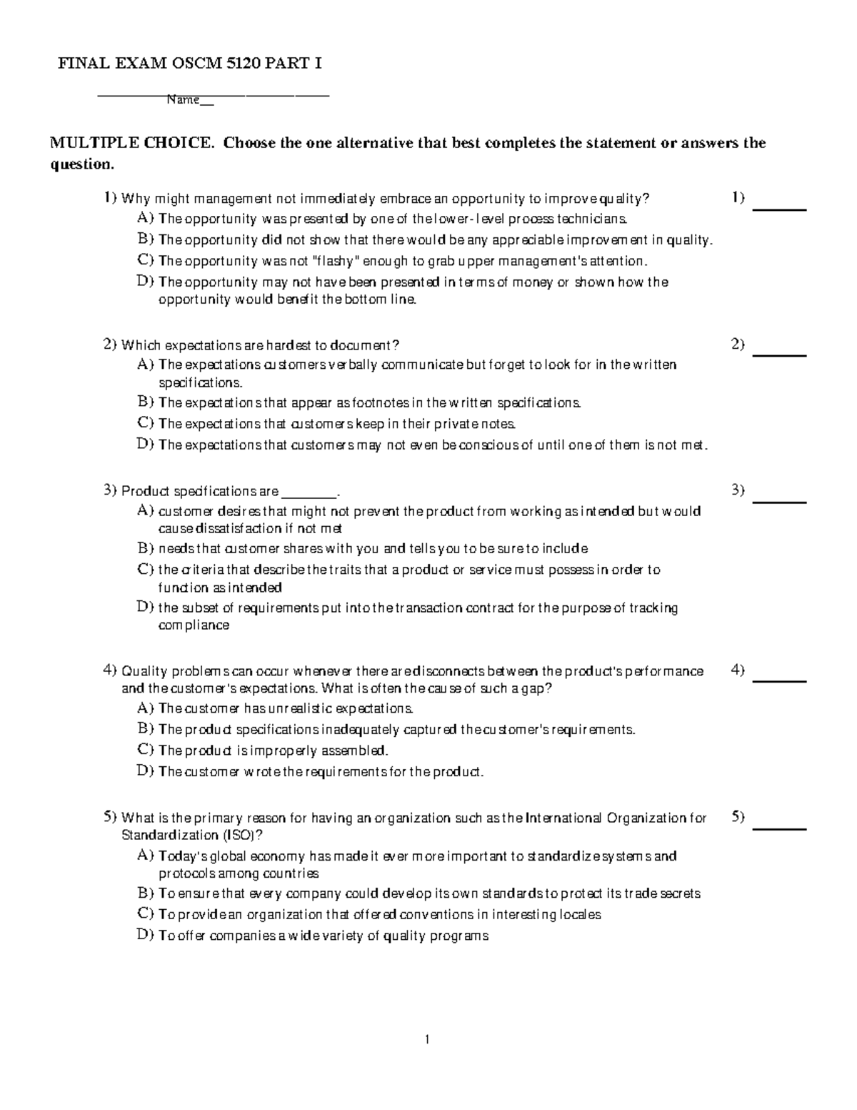 OSCM 5120 Sample EXam Part I - FINAL EXAM OSCM 5120 PART I Name