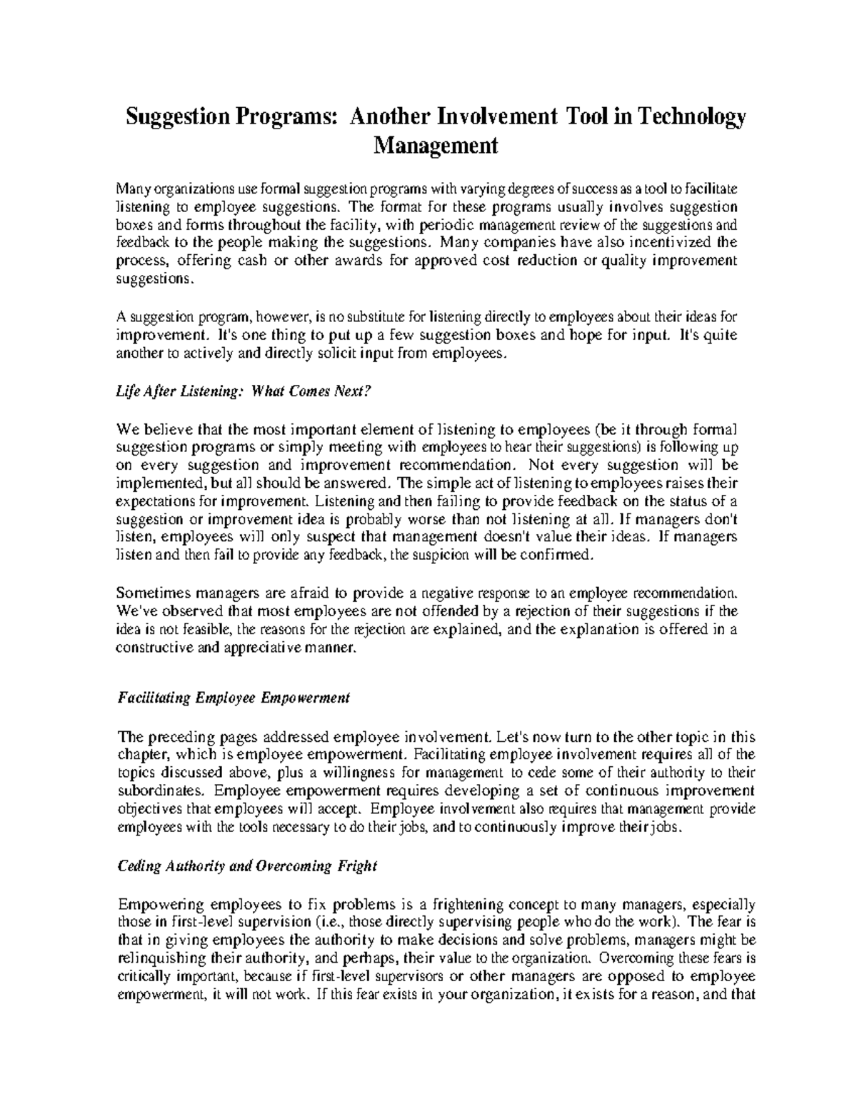 Suggestion Programs-Another Involvement Tool in Technology Management - The format for these ...