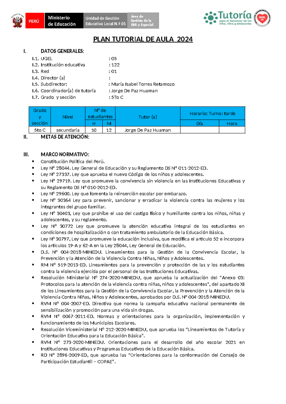 PLAN Tutorial DE AULA 2024 - Gestión de la EBR y Especial PLAN TUTORIAL ...