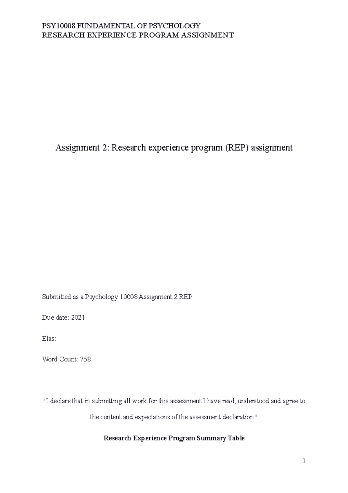 PSY10008 Assignment 2 REP summary table - RESEARCH EXPERIENCE PROGRAM ...