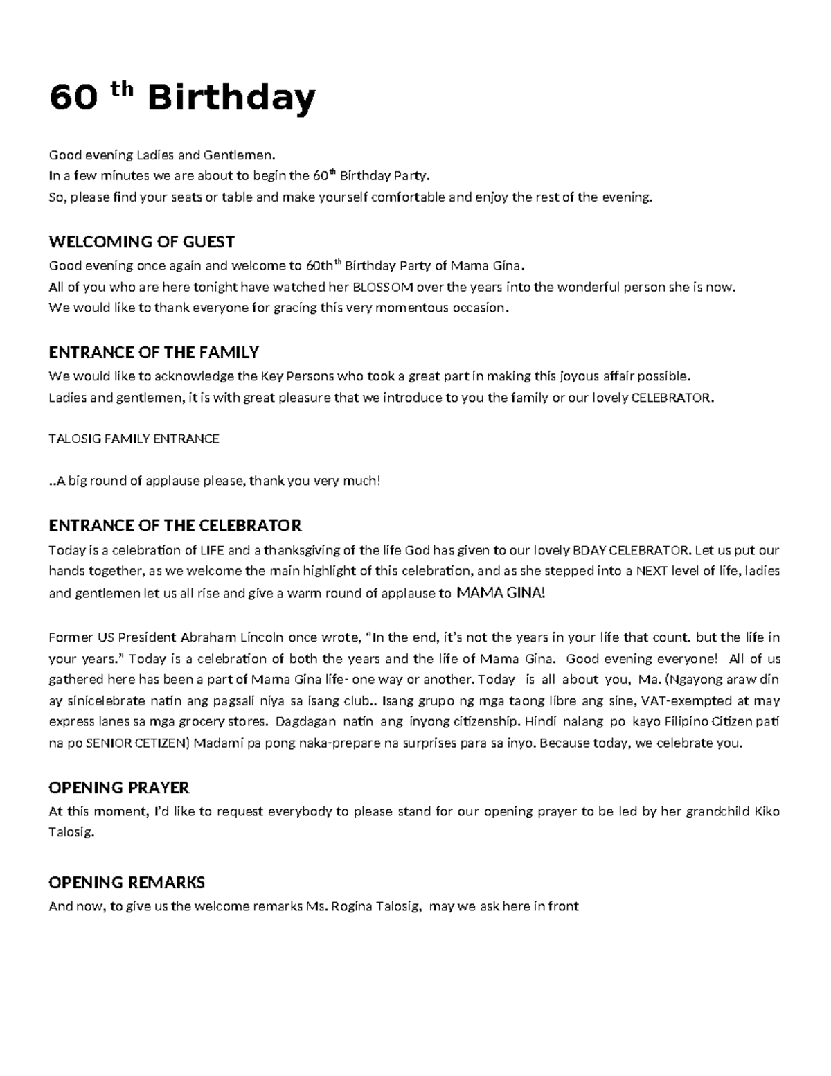 428712800 60TH Birthday Bday Script - 60 th Birthday Good evening Ladies and Gentlemen. In a few ...