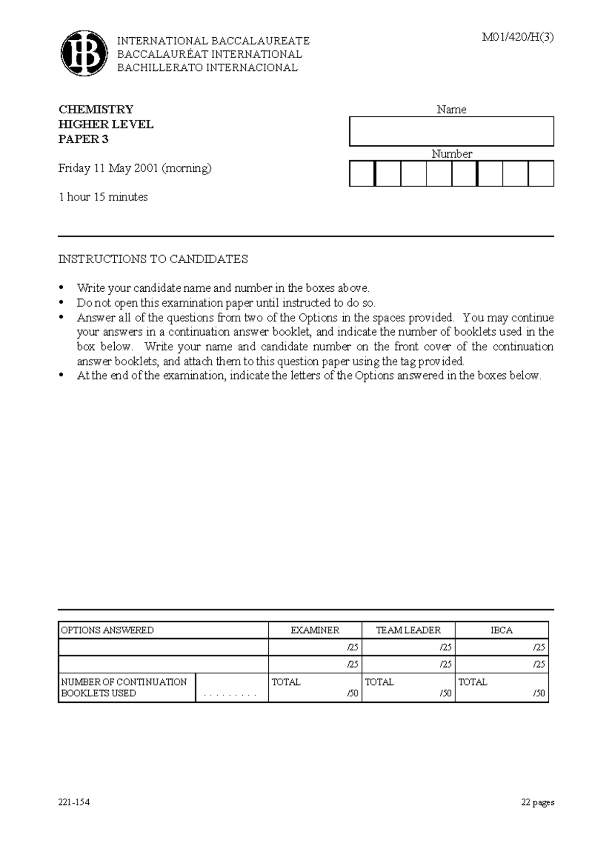 Chemistry paper 3 HL - CHEMISTRY HIGHER LEVEL PAPER 3 Friday 11 May ...