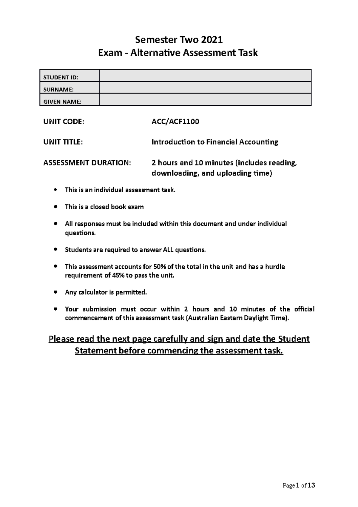 ACC1100 S2 2021 Final exam - Semester Two 2021 Exam - Alternative Assessment Task STUDENT ID ...