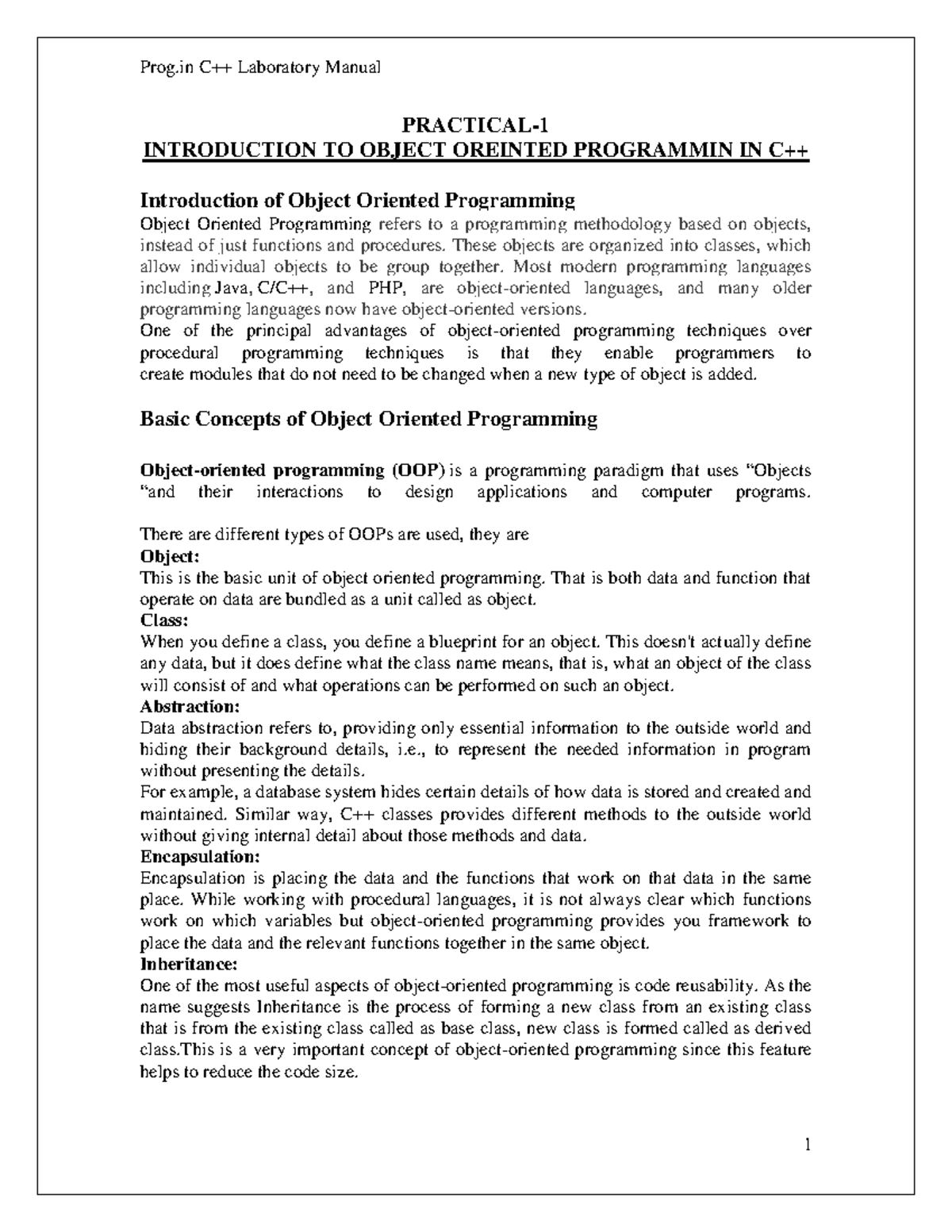 Lab Manual 1 - AVD - PRACTICAL- 1 INTRODUCTION TO OBJECT OREINTED PROGRAMMIN IN C++ Introduction ...