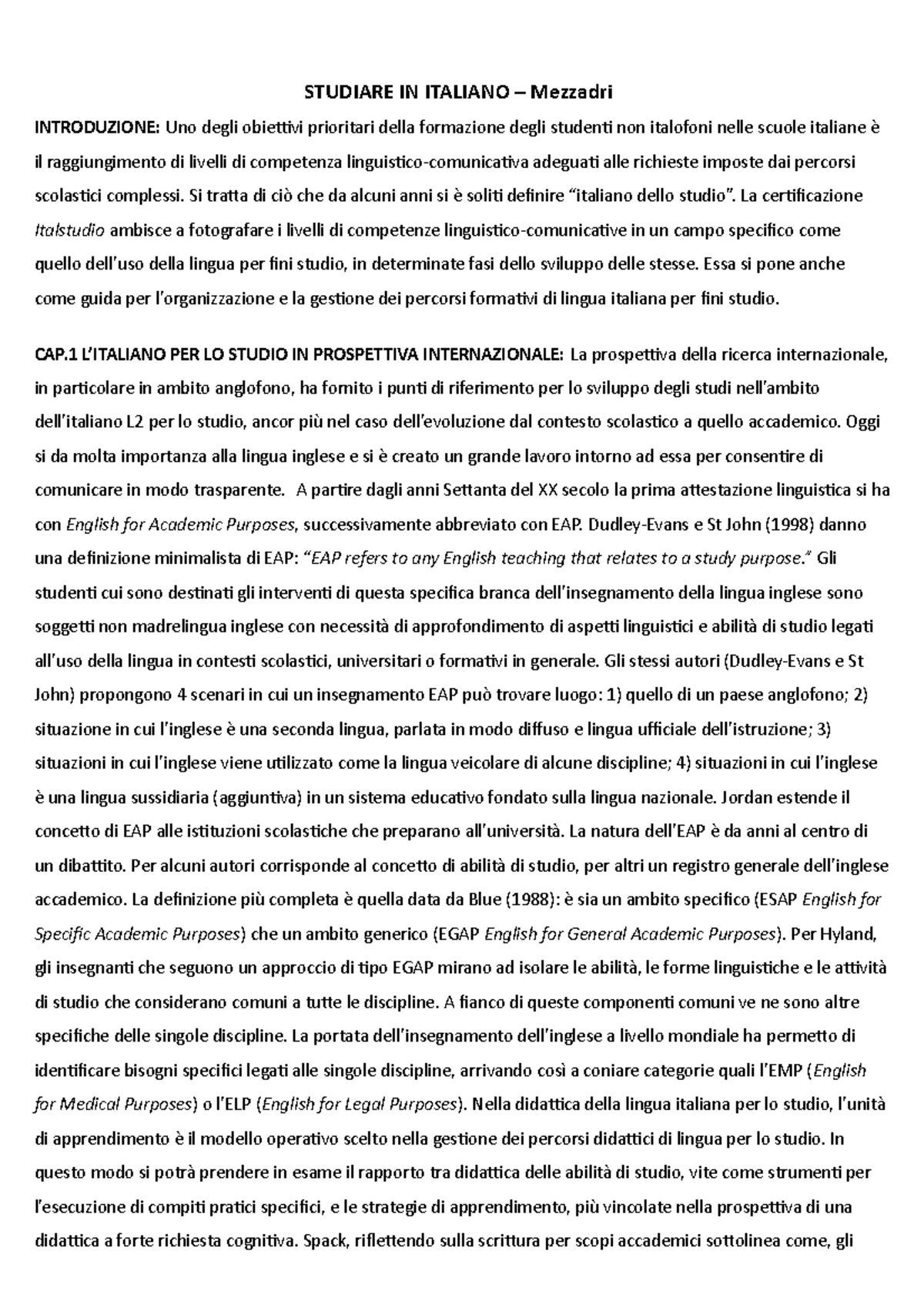 Studiare in Italiano - STUDIARE IN ITALIANO Mezzadri INTRODUZIONE: Uno ...