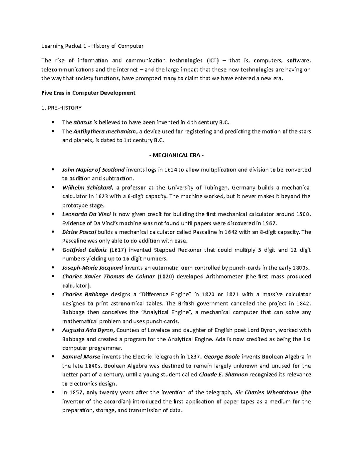 Learning Packet 1 2 - STUDENT - Learning Packet 1 - History of Computer ...