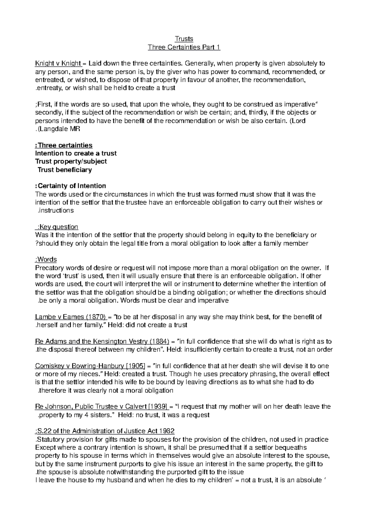 Trusts Three Certainties Part 1 - Trusts Three Certainties Part 1 Knight v Knight = Laid down ...