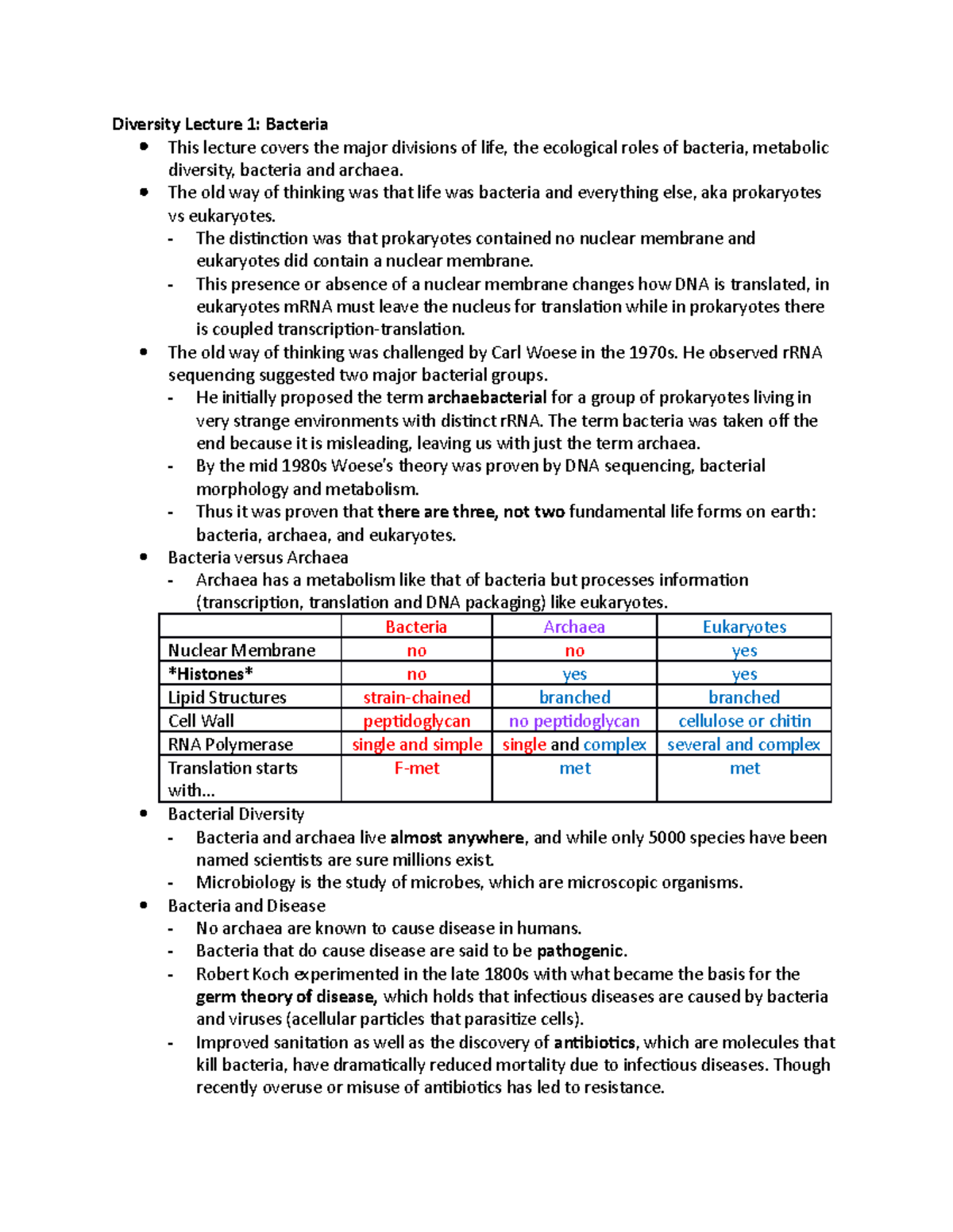 Bio Notes - Diversity Lecture 1: Bacteria This lecture covers the major ...